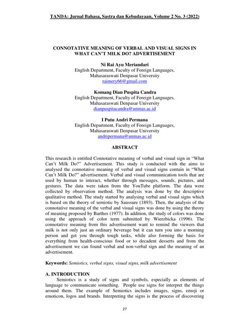 Pdf Connotative Meaning Of Verbal And Visual Signs In What Cant Milk Do Advertisement