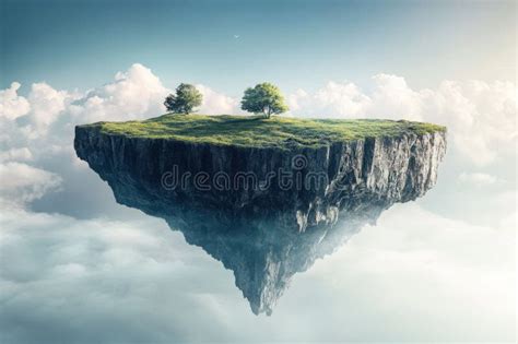 Floating Island With Trees And Clouds In A Serene Sky At Dawn Stock