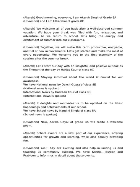 Assembly Compering Script Draft Pdf Sports And Recreation Travel