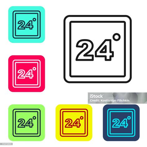 검은색 선 온도 조절기 아이콘은 흰색 배경에 분리되어 있습니다 온도 제어 색상 사각형 버튼으로 아이콘을 설정합니다 벡터 3차원 형태에 대한 스톡 벡터 아트 및 기타 이미지