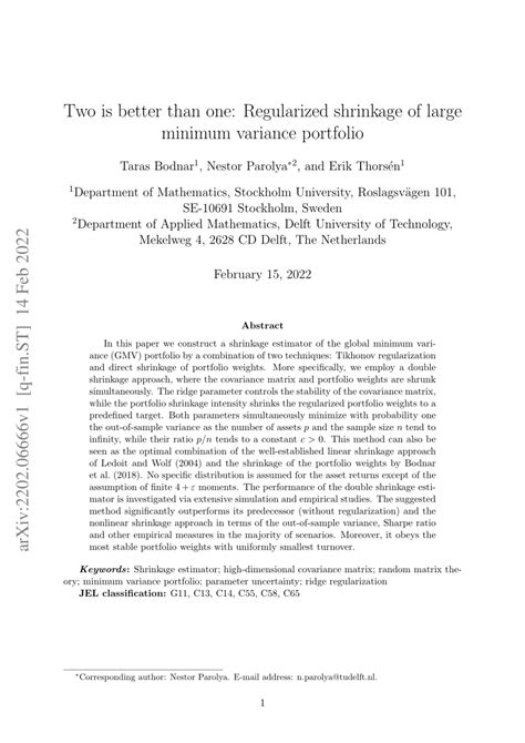 Pdf Two Is Better Than One Regularized Shrinkage Of Large Minimum Variance Portfolio