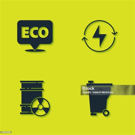 에코 건강 식품 쓰레기 캔 배럴의 방사성 폐기물 및 번개 볼트 아이콘에 대한 라벨을 설정합니다 벡터 검은색에 대한 스톡 벡터