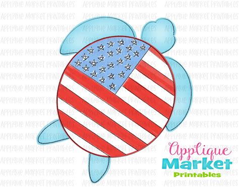Sea Turtle Usa Flag July 4 Patriotic Preppy Floral Watercolor Printable