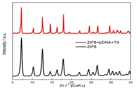 Black The Pxrd Of Zif 8 Red Colour With Pxrd Of Zif P Dna T0