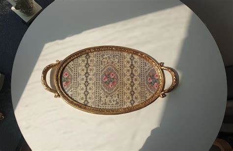 어도레33 엔틱 앤틱 골드 꽃 그림 빈티지 트레이 쟁반 주얼리 향수 정리대 소품 소품샵 오브제 핸들 위시버킷