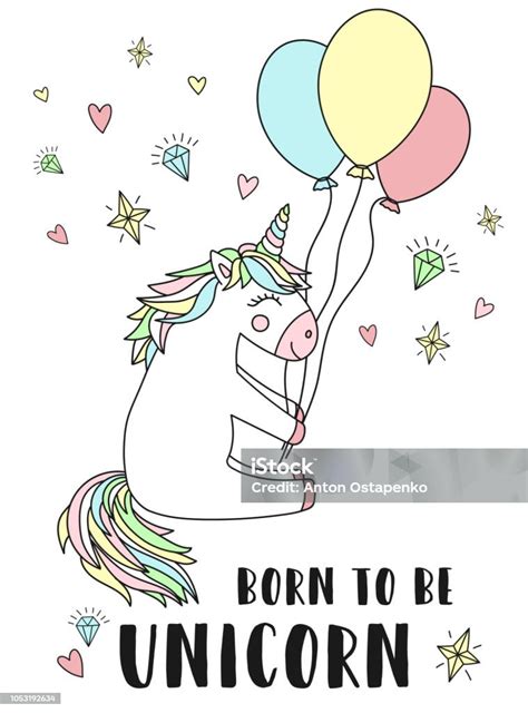 마법의 말 풍선 및 비문 출생 수는 유니콘의 벡터 이미지 휴일 베이비 샤워 생일 파티 판화 텍스처의 개념 0명에 대한 스톡 벡터