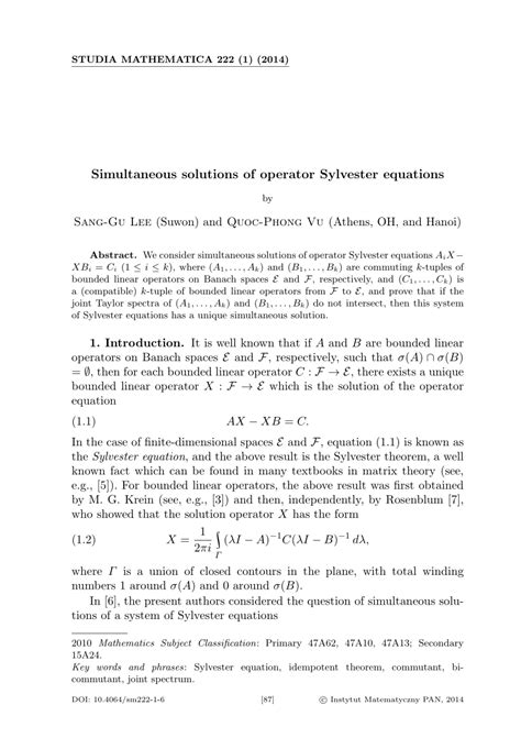 PDF Simultaneous Solutions Of Operator Sylvester Equations
