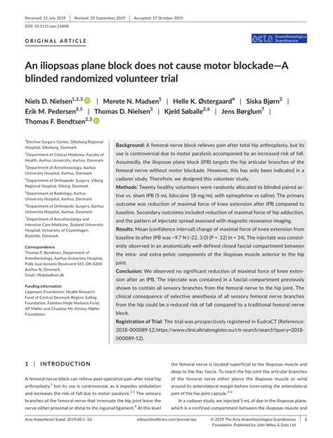 Pdf An Iliopsoas Plane Block Does Not Cause Motor Blockade A Blinded Randomized Volunteer Trial