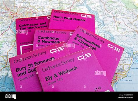 Selection Of Ordnance Survey Maps Of East Anglia Displayed On Map Of