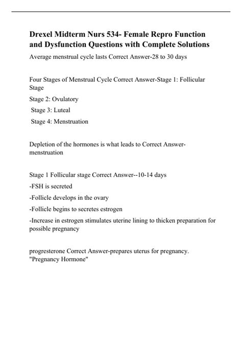 Drexel Midterm Nurs 534 Female Repro Function And Dysfunction Questions With Complete Solutions