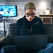 Serious Woman Code Overlay And Laptop Typing With Cybersecurity Hacker And Software Data