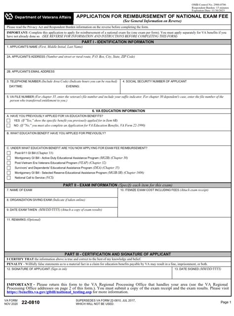 Va Form 22 0810 Application For Reimbursement Of National Exam Fee