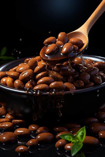 Premium Ai Image A Wooden Spoon Of Java Beans Flying Over Dark Background