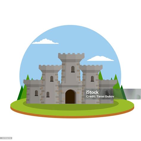 타워와 벽이있는 성 방위 공사 중세 유럽 건축 기사와 왕의 고향 보호 및 보안 앱 및 게임을 위한 플랫 아이콘 벡터에 대한 스톡