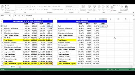 vertical analysis for balance sheet items using excel youtube