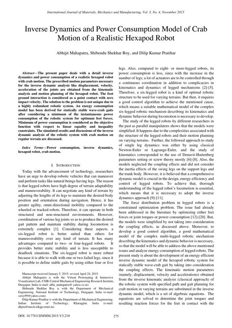 Pdf Inverse Dynamics And Power Consumption Model Of Crab Motion Of A Realistic Hexapod Robot