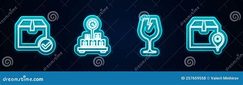 Set Line Package Box With Check Mark Scale Cardboard Fragile Broken Glass And Location