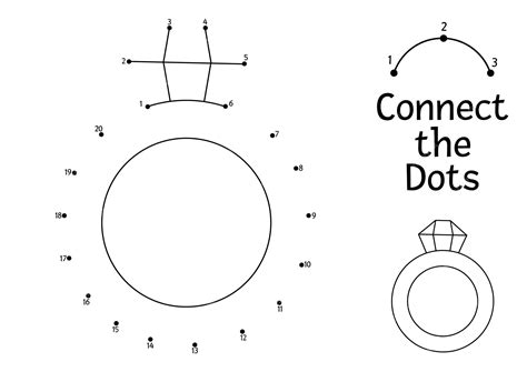 귀여운 결혼 반지와 함께 터 도트 도트 및 컬러 활동 아이들을위한 점 게임을 연결하십시오 신랑과 신부 액세서리 보석과 함께 아이들을위한 결혼식 색채 페이지 프리미엄 벡터