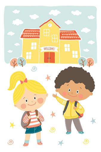 학교 카드 디자인의 행복 첫날 아 이들은 학교에 간다 학교에서 웃는 소년과 소녀를 위한 백팩과의 유니폼 학교 건물 외관입니다 평면 스타일에서 만화 벡터 일러스트 레이