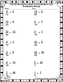 Find The Missing Equivalent Fraction Numbers Denominator Missing Worksheets