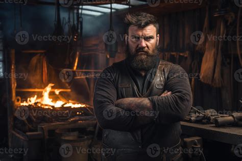 Ai Generated Portrait Of A Brutal Man A Professional Blacksmith In His