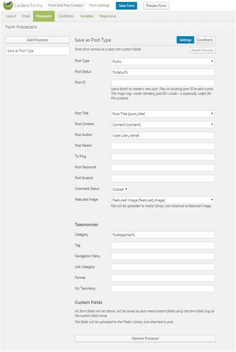 caldera forms save as post type processor wordpress form builder
