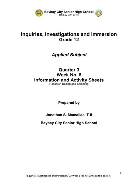 3 Is Q3 Week 6 Research Design And Sampling For Printing Pdf