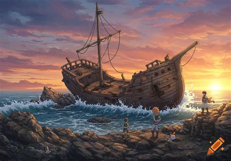 Anime Shipwreck On A Rocky Shoreline With Characters Watching Waves At