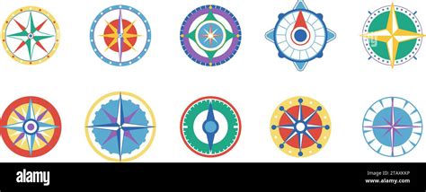 Flat Wind Rose Icons Colorful Compass Collection Decorative Vintage
