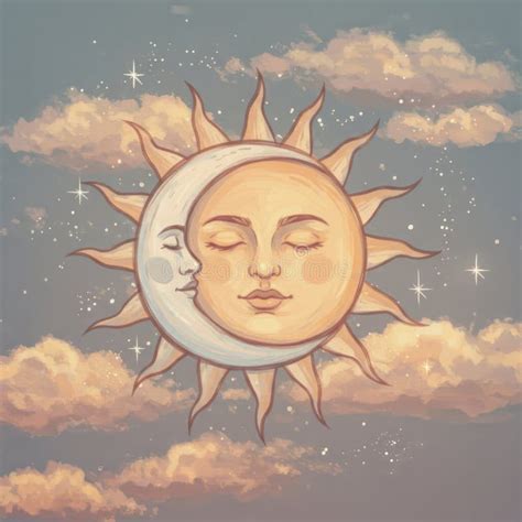 Art Illustration Of The Sun And Moon Together In Vintage Style A