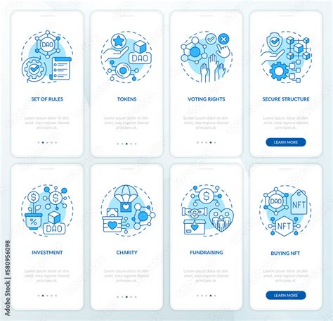 Vecteur Stock Dao Elements And Usage Purpose Blue Onboarding Mobile App Screens Set Walkthrough