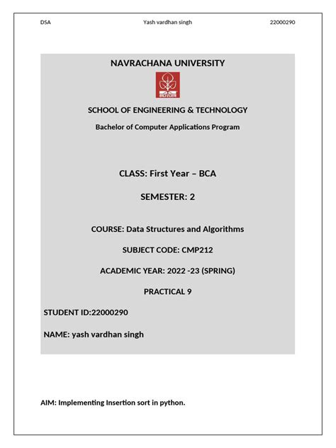 Dsa Practical 9 Insertion Sort Pdf Computers