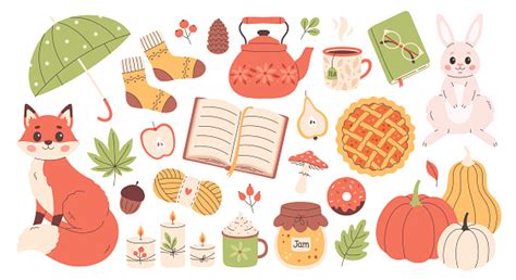 가을 요소 세트입니다 귀엽고 아늑한 계절 물건 가을 추수 감사절 플랫 스타일의 벡터 일러스트 레이 션 가을에 대한 스톡 벡터