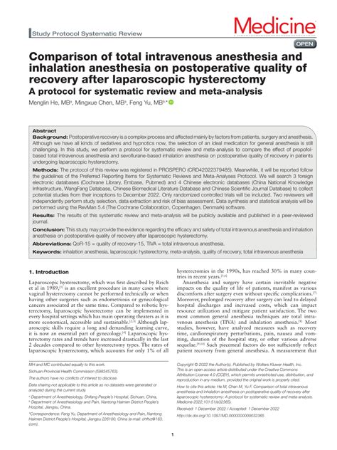 Pdf Comparison Of Total Intravenous Anesthesia And Inhalation Anesthesia On Postoperative