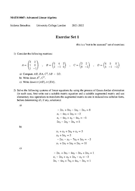 Math0047 Exercise Set 1 Math 0047 Advanced Linear Algebra Isidoros