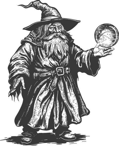 Dwarf Mage With Magical Orb Full Body Images Using Old Engraving Style