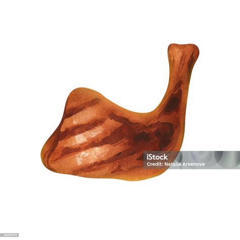 수채화 바베큐 고기 닭 허벅지 구이 손으로 그린 그림은 흰색 배경에 분리되어 있습니다 메뉴 카페 레스토랑 레시피 북 요리 바베큐에 딱 일러스트레이션에 대한 스톡 벡터 아트