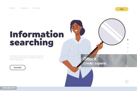 돋보기를 사용하여 행복한 여성과 함께 랜딩 페이지 디자인 템플릿을 검색하는 정보 돋보기 광학 기기에 대한 스톡 벡터 아트 및