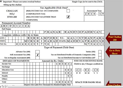 Automated Income Tax Challan Form 280 In Excel Format Up To Date