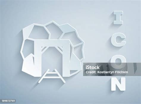 회색 배경에 격리 된 용지 절단 광산 입구 아이콘 종이 아트 스타일 벡터 3차원 형태에 대한 스톡 벡터 아트 및 기타 이미지 3차원 형태 가루로 빻은 광물질 Istock