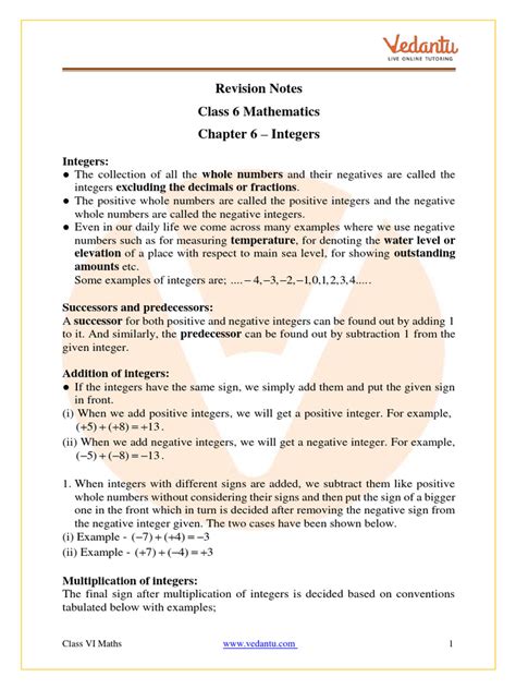 Integers Class 6 Notes Cbse Maths Chapter 6 Pdf Pdf Integer Numbers