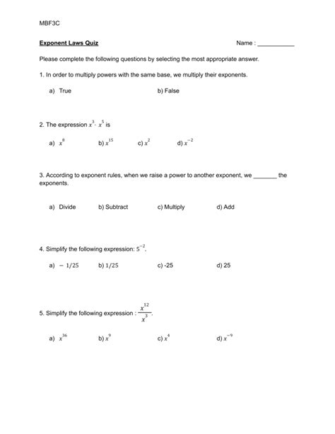 Exponent Laws Quiz High School Math