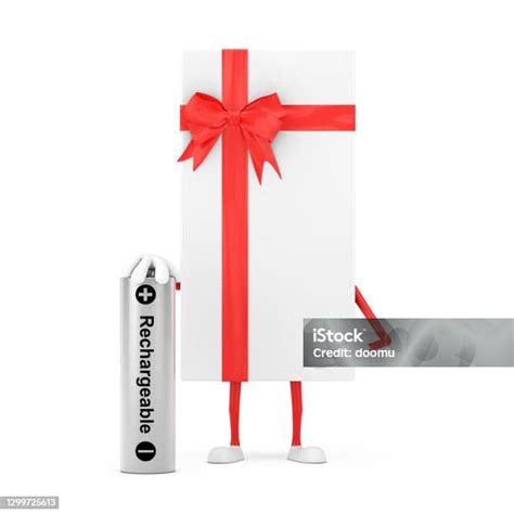 충전식 배터리가 있는 화이트 기프트 박스와 레드 리본 캐릭터 마스코트 3d 렌더링 놀라움에 대한 스톡 사진 및 기타 이미지