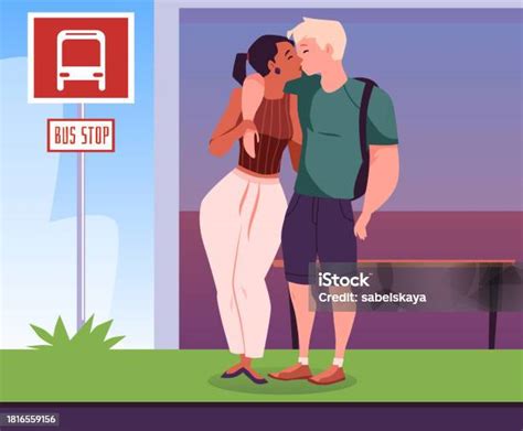 버스 정류장 역에서 포옹하고 키스하는 사랑하는 십대 커플 함께 시간을 보내는 벡터 낭만적 인 연인 거리에 대한 스톡 벡터 아트 및 기타 이미지 Istock