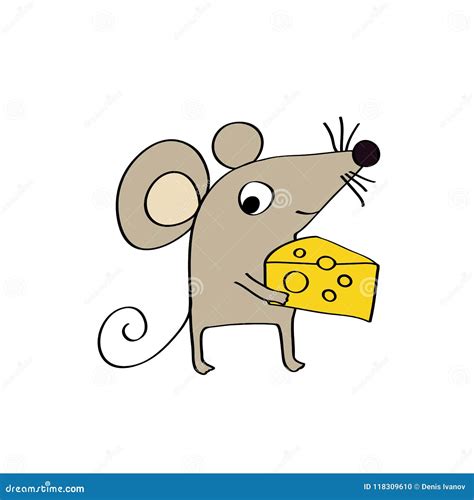 Mouse With A Piece Of Cheese And Spikelet Vector Illustration