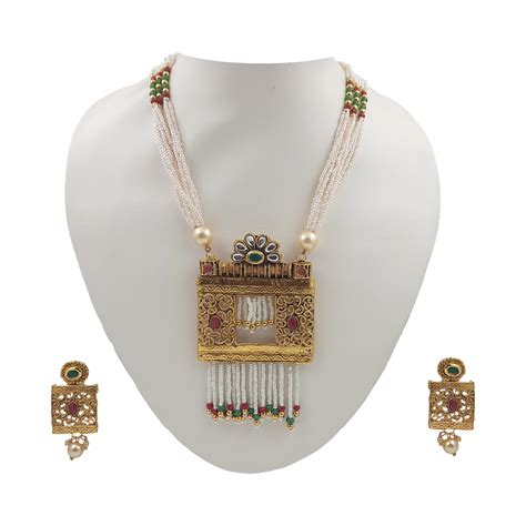 Antique Gold Plated Pendant Necklace Set With Pearls And Matching