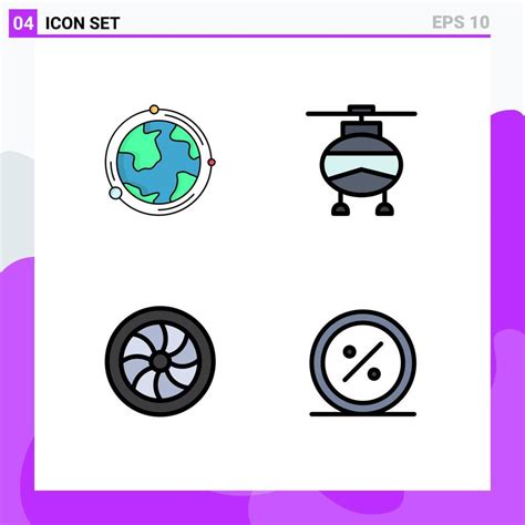 Group Of 4 Modern Filledline Flat Colors Set For Earth Car Geography Transport Repair Editable