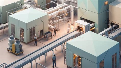 Futuristic Isometric Low Poly Factory Scene With Pastel Colors And Clean Lines Stock