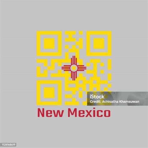 Qr 코드는 뉴 멕시코 국기의 색을 설정합니다 빨간색과 노란색의 오래 된 스페인입니다 노란색에서 빨간색으로 고 대 Zia 태양 상징 0명에 대한 스톡 벡터 아트 및 기타