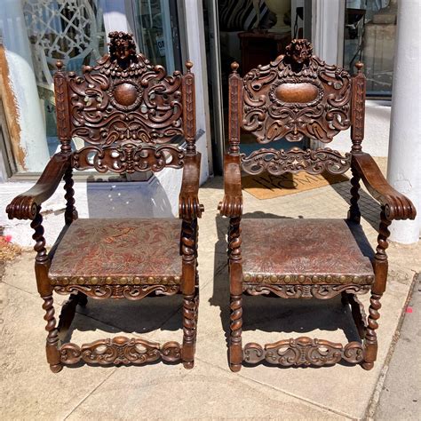 16th Century French Renaissance Carved Arm Chairs With Original Leather